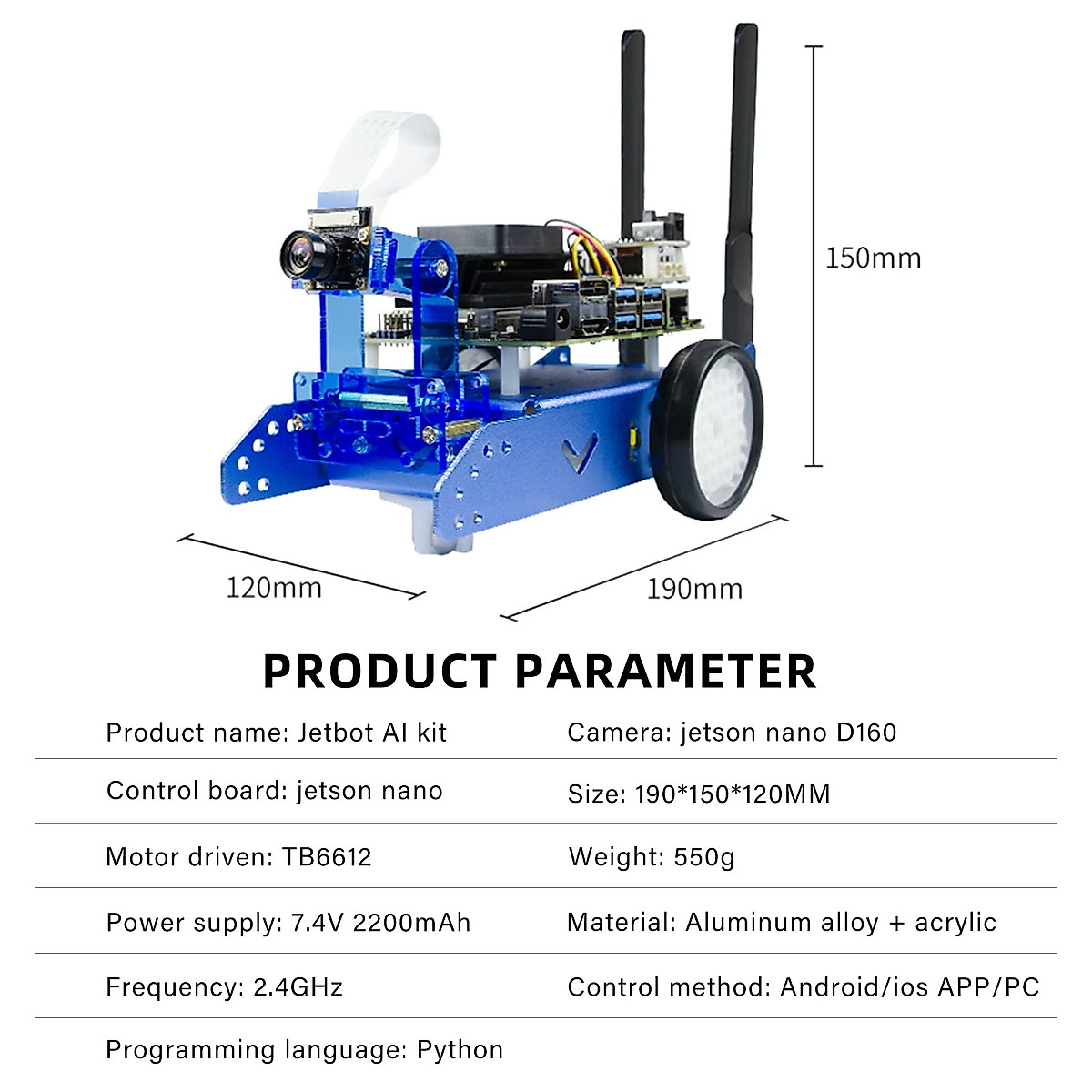 JetBot AI kit Provided by Jetson Nano, with Front Camera Dual Mode Wireless WiFi Bluetooth Facial Recognition Object Tracking(Blue, Without Jetson Nano)