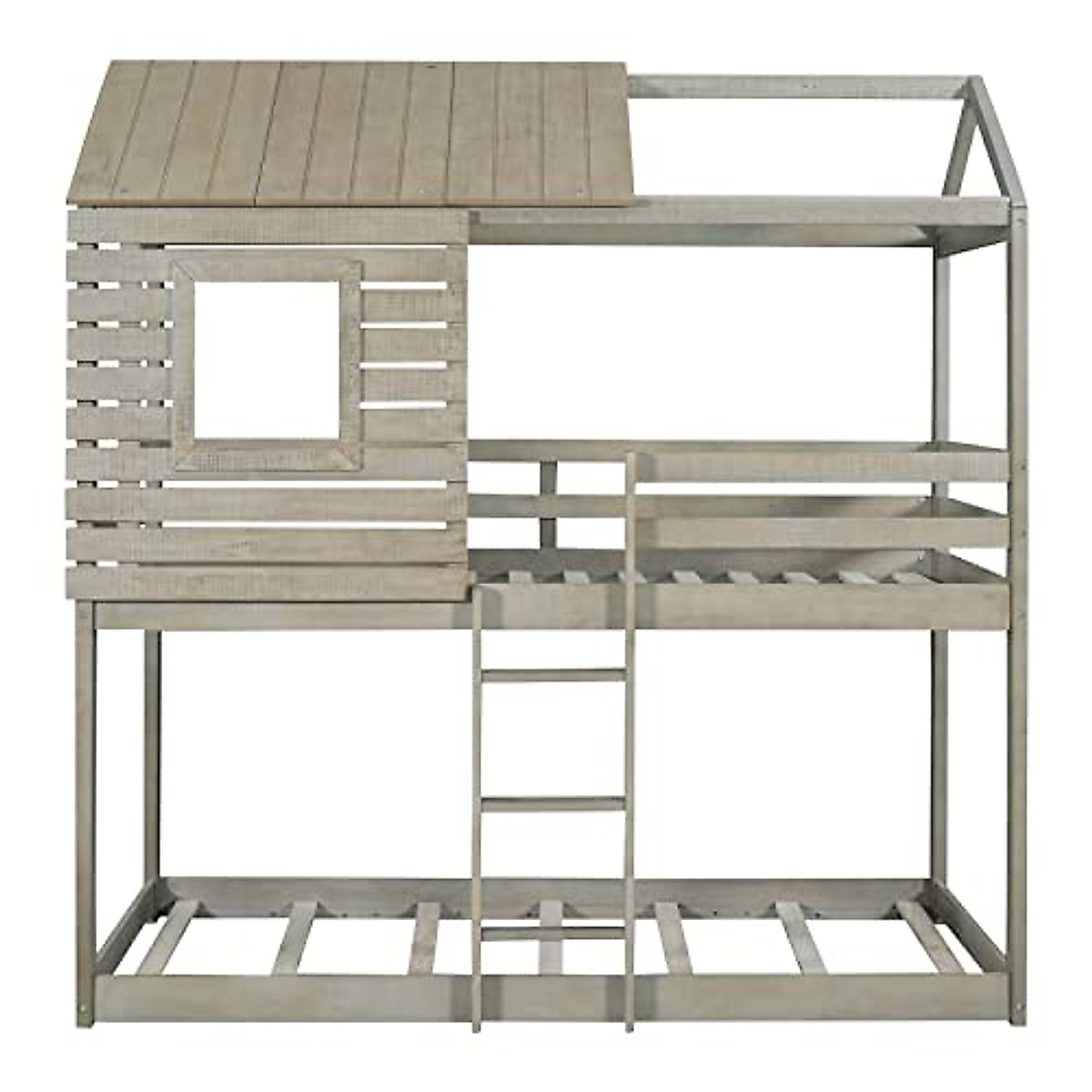 Mesnt Twin Bunk Bed Frame | Twin Over Twin Bunk Bed Wood Loft Bed with Roof, Window, Guardrail, Ladder Antique Gray