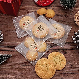Self Adhesive Cookie Bags Treat Bags, Resealable Cellophane Bags, White Polka Dot Individual Cookie Bags with Thank You Stickers for Gift Giving (5.5''x5.5'', 100 Pcs)