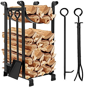 AMAGABELI GARDEN & HOME Firewood Rack Outdoor Indoor Heavy Duty Fireplace Tool Rack Firewood Holder Outdoor Wood Rack With 4 Pcs Tools Wrought Iron Wood Storage Log racks For Wood Stove Black