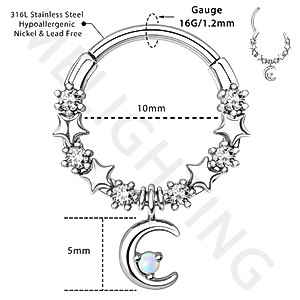 Melighting Septum Rings 16G Moon Septum Jewelry with Opal Clear CZ Surgical Steel 316L Star Helix Earring Dangle Daith Earrings Nose Rings Piercing for Women Men