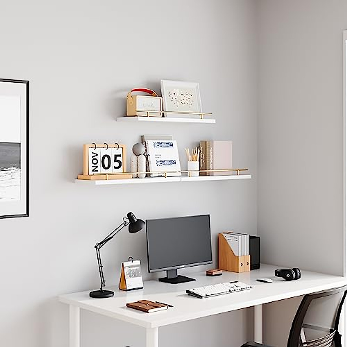 Senjie Floating Shelves for Wall,Bathroom Shelf Set of 3,Wall Shelves for Bedroom,Kitchen,Living Room,Invisible Brackets,White and Gold