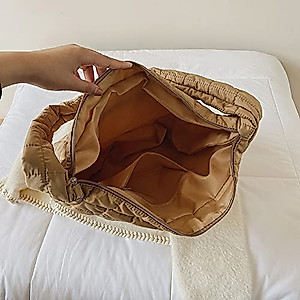 Quilted Tote Bags for Women Lightweight Quilted Padding Shoulder Bag Down Cotton Padded Large Tote Bags Lattice Crossbody Bag Zip Closure