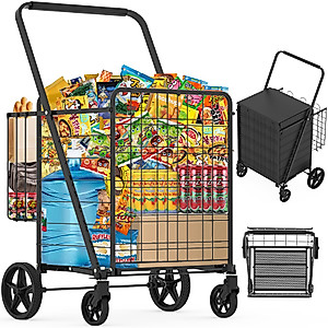Jumbo Shopping Cart for Groceries, 30.7 Gallons Folding Grocery Cart with Waterproof Bag, 360° Swivel Wheels & Double Basket, Portable Heavy Duty Utility Cart for Shopping/Laundry-Hold Up to 440 LBS