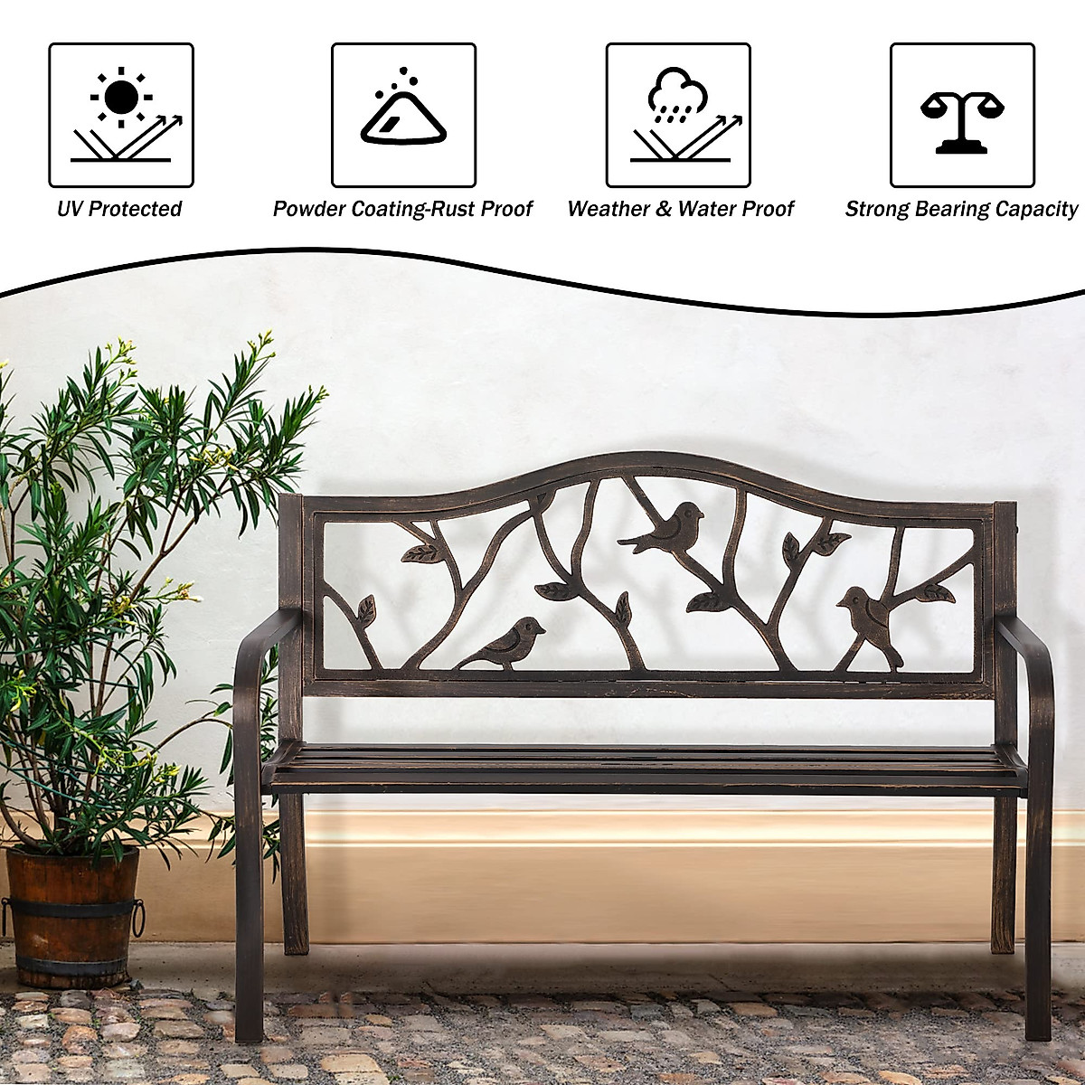 PHI VILLA 50" Patio Garden Bird Bench Steel Frame Park Yard Outdoor Furniture Cast Iron Porch Chair, Bronze