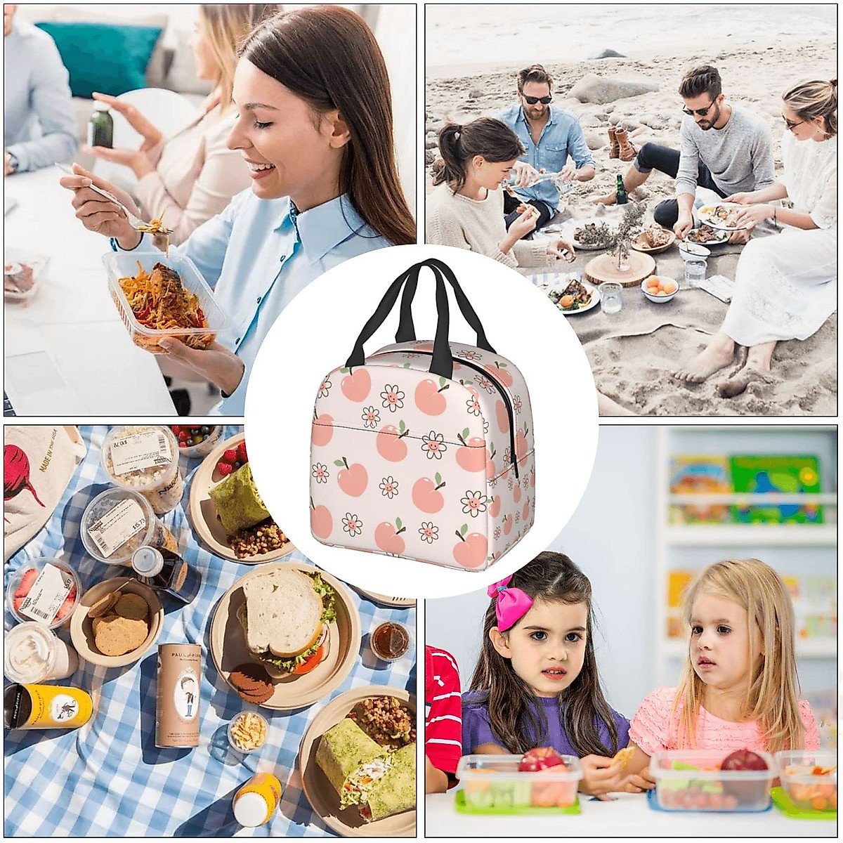 Echoserein Peach Fruit Happy Flower Pink Lunch Bag For Women Girls Insulated Lunch Box Reusable Lunchbox Waterproof Portable Lunch Tote