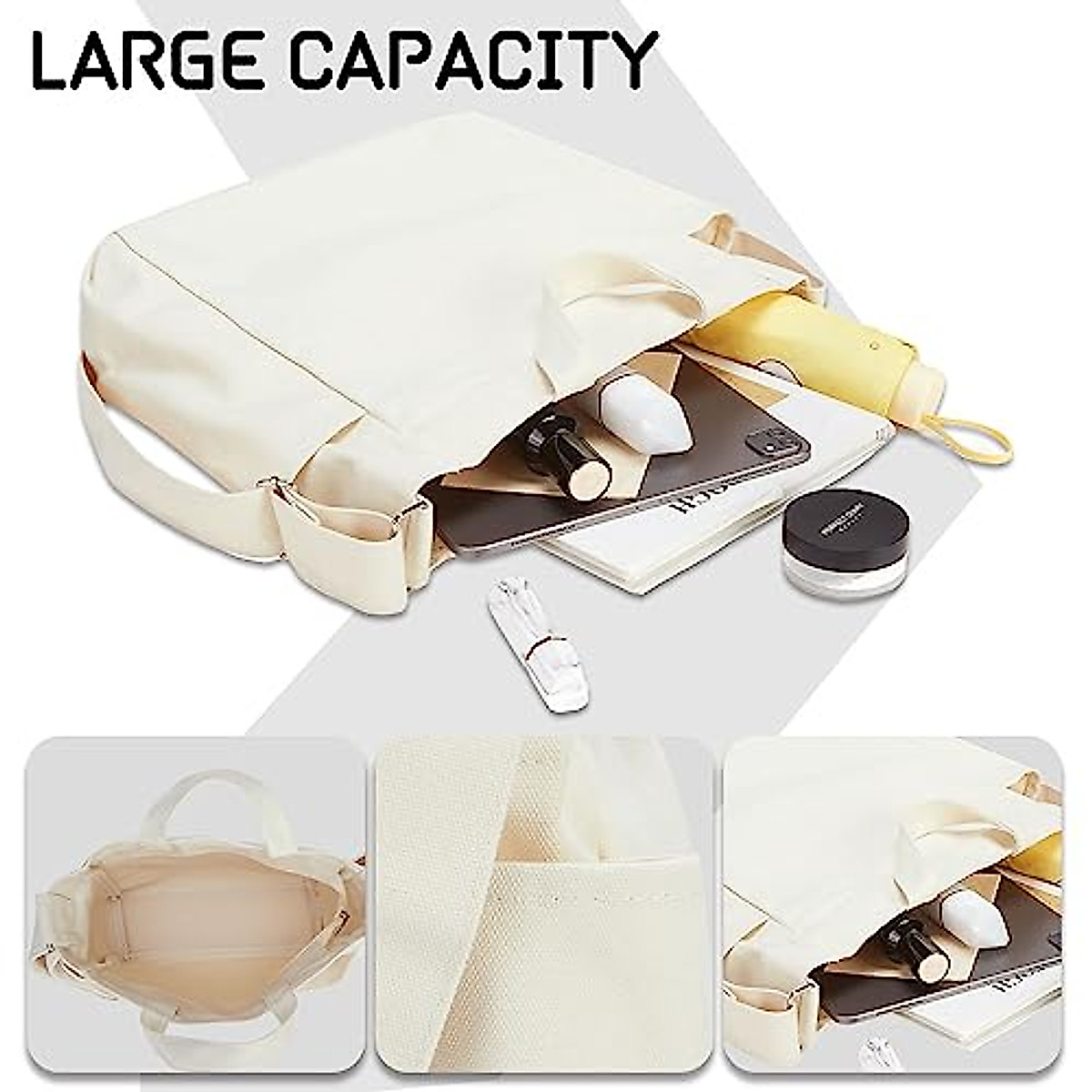 Plusfeel Canvas Tote Bag, Stylish Satchel Bag Lightweight Cotton Cross Body Top Zipper Closure Handbags for Women White