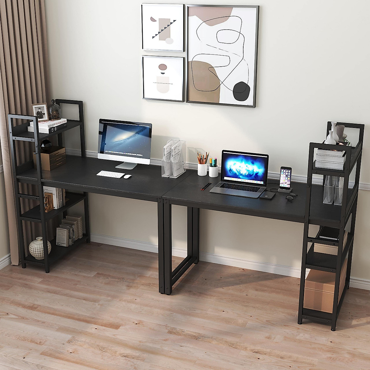 Napnapday 47 inch Computer Desk with Storage Shelves, Study Gaming Desk with Bookshelf Writing Table for Home Office Bedroom, Black