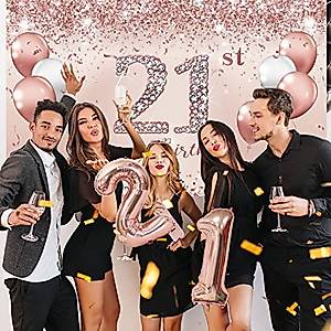 Trgowaul 21st Birthday Decorations for her, Rose Gold 21 Birthday Banner, Tablecloth, 21st Birthday Sash and Crown, 1PC 21st Cake Topper, Pink 21 Number Balloons Happy 21 Birthday Decorations Women