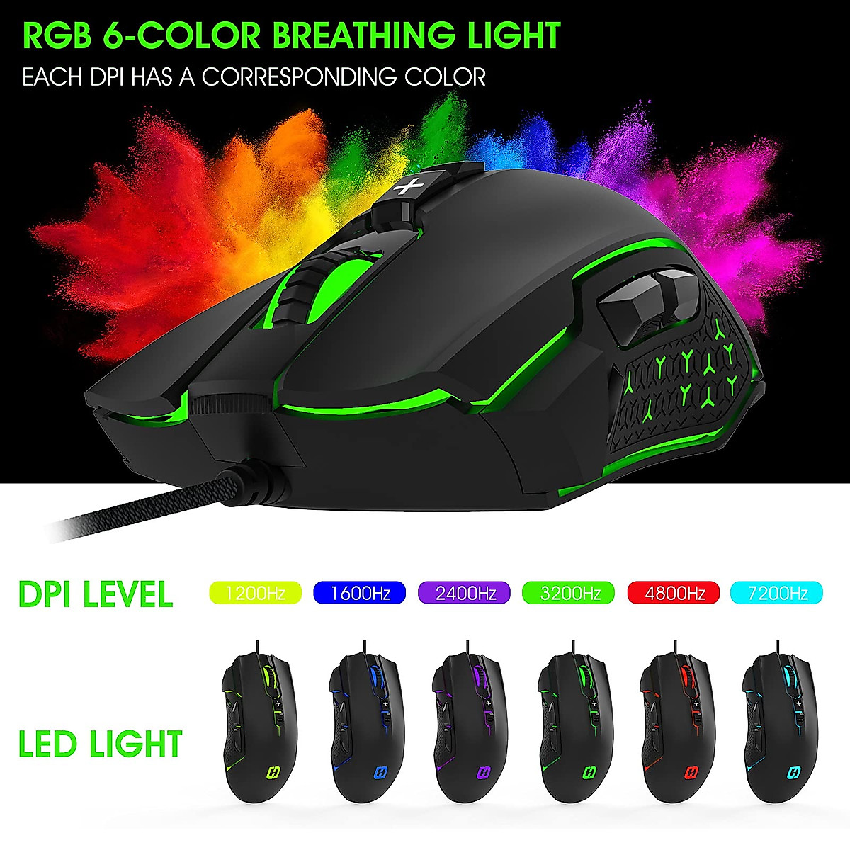 LeadsaiL Gaming Mouse Wired RGB PC Gaming Mice, 7200 DPI, 8 Programmable Buttons, 6 Color Backlight, Ergonomic Optical Computer Mouse for Desktop PC Laptop Gamer & Work