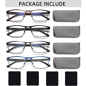 DILLY VISION 4-Pack Blue Light Blocking Reading Glasses for Men Stylish Metal Frame Readers with Comfort Spring Hinges Anti Glare UV Filter Eyeglasses, +2.5 STRENGTH