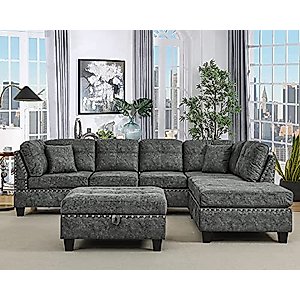 Evedy Modern Sectional, Living Room Furniture Sets,L-Shaped Storage Ottoman,Couch with Nail-Head Trim,3-Seaters Sofa with Extra Wide Reversible Chaise and 2 Small Pillows, Grey Fabric