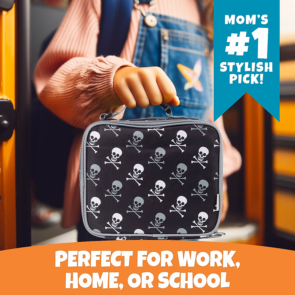 Bentology Lunch Box for Boys- Kids Insulated, Durable Lunchbox Tote Bag Fits Bento Boxes, Containers, Jars & Water Bottles- Reusable School Lunch Sleeve Keeps Food Hotter or Colder Longer-Pirate Skull