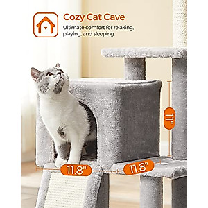 Feandrea Cat Tree, Small Cat Tower for Indoor Cats, Kittens, Multi-Level Plush Cat Condo, 16.5 x 12.6 x 46.5 Inches, Scratching Post, Ramp, 3 Removable Pompom Sticks, Cat Cave, Light Gray UPCT143W01