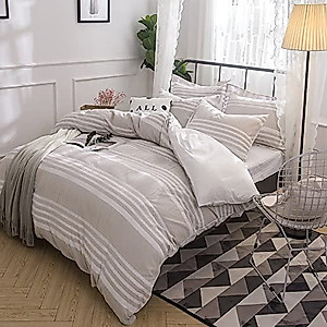 Amazon Brand – Pinzon Seersucker Duvet Cover Set,100% Cotton Yarn Dyed Seersucker Duvet Cover Set,3 Pieces Textured Stripe Bedding Set - Cream King