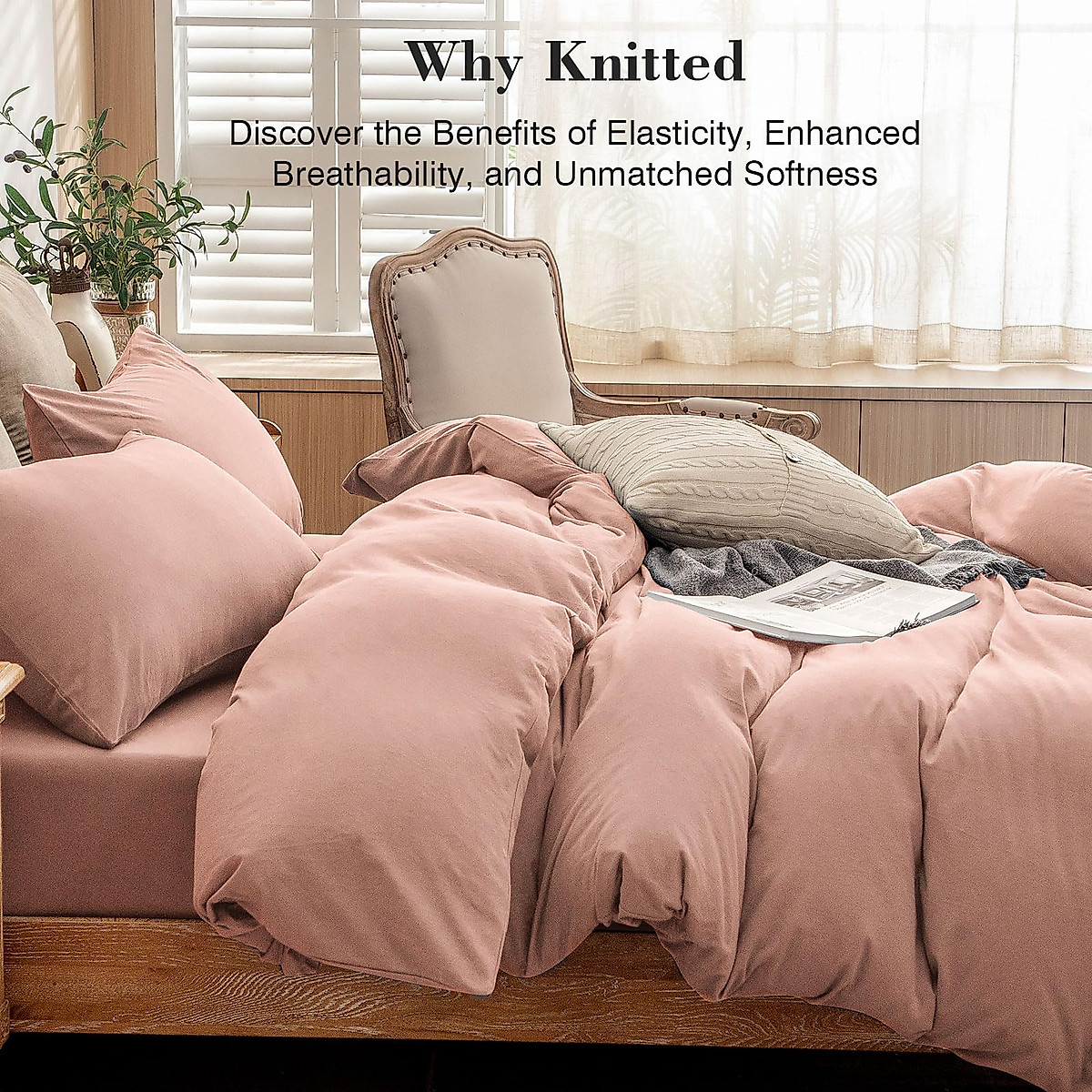 PURE ERA Jersey Knit Duvet Cover Set 100% T-Shirt Cotton Super Soft Comfy 3pc Bedding Set with Zipper Closure (New Petal Pink, King)