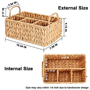 Niuirt Wicker Party Silverware Caddy, Water Hyacinth Plastic Cutlery Utensil Holder, Hand Woven with Handles, Kitchen Countertop and Picnic flatware Organizer (4 compartments)