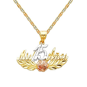 14k REAL Tri Color Gold 15 A?os Pendant with 1.5mm Diamond Cut Chain Necklace - 20"