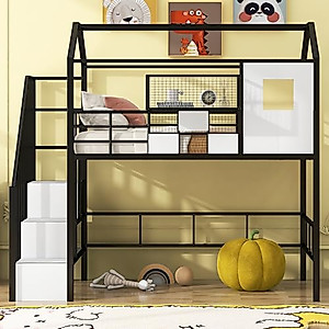 BOVZA Twin Size House Loft Bed with Stairs and Roof, Kids Metal Low Loft Bed Frame with a Storage Box and Saftey Guardrails for Teens Boys, Black+White