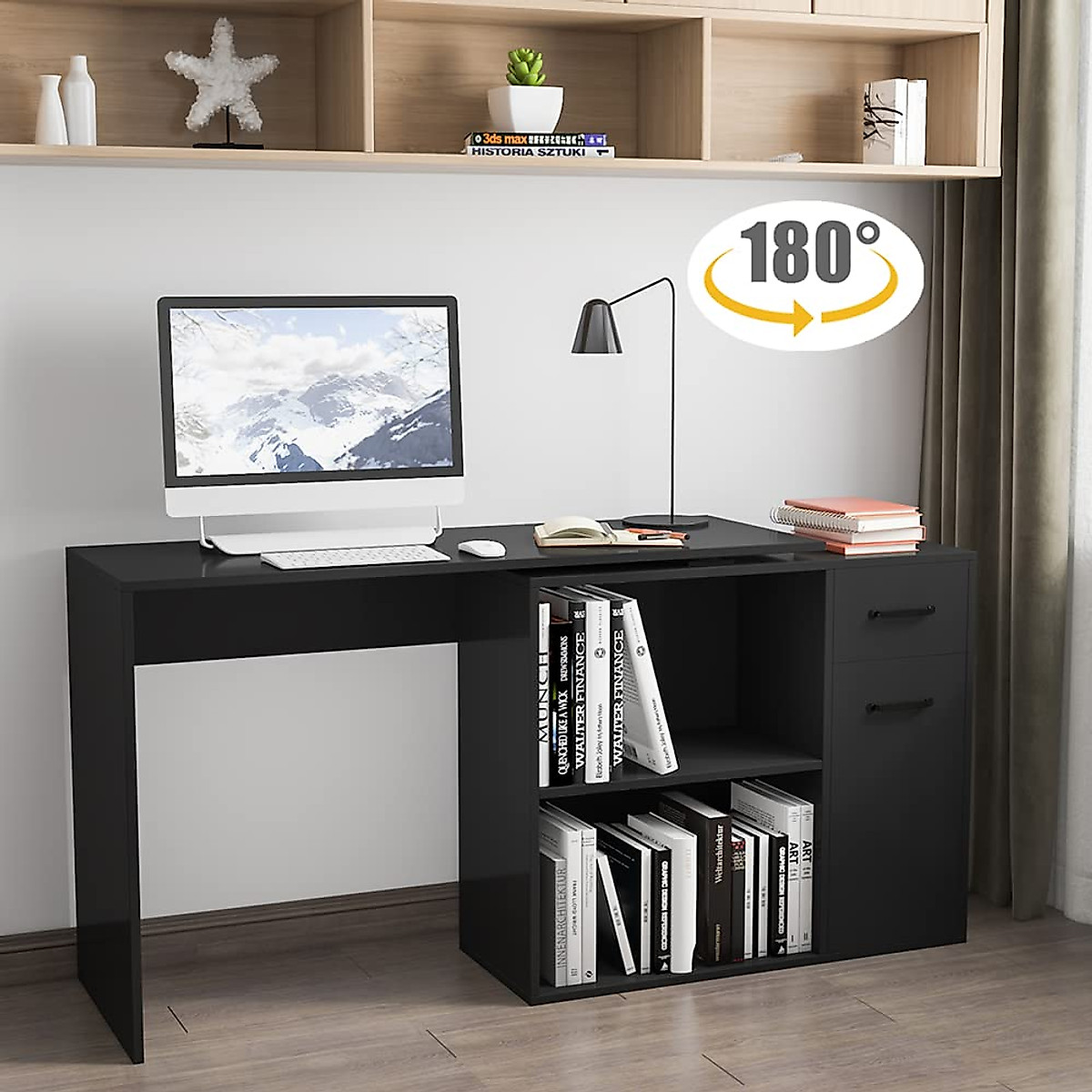 VANSPACE L-Shaped Rotating Computer Desk with Storage Shelves 68 inch Home Office Desk Corner with Drawers and File Cabinet Multipurpose Study Writing Table for Bedroom Small Space Black