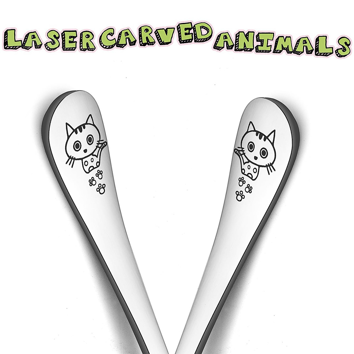 TeamFar Toddler Spoons, Stainless Steel Toddler Kids Spoon Set Silverware, Non Toxic & Healthy, Cute Animals & Attached Travel Case - 6 Pieces