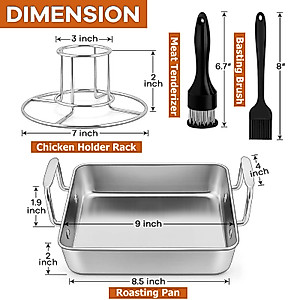 Roasting Pan with Beer Can Chicken Holder, Joyfair 9 inch Stainless Steel Square Roaster Baking Pans with Grill Racks & Riveted Handles for Oven Cooking BBQ Smoking, Heavy Duty & Dishwasher Safe (4)
