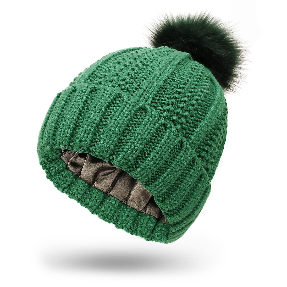 Muryobao Women Satin Lined Beanie Hat Knit Cuffed Warm Winter Hats Faux Fur Pom Pom Silk Lining Slouchy Skull Cap Green