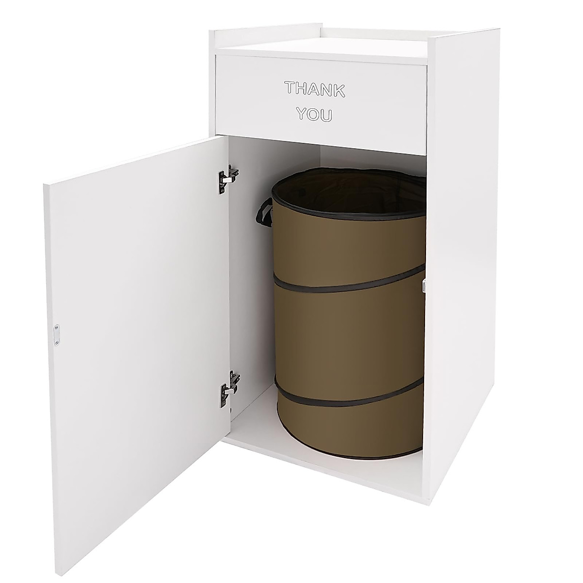 Yellulu Commercial-Grade Trash Receptacle, 27.24Qt Restaurant Fast Food Trash Bin,Wooden Restaurant Trash Can Cabinet | with Tray Top | Swing-Open Door Design | Foldable Canvas Trash Bag | White