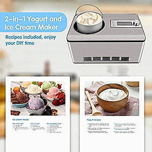 KUMIO Ice Cream Maker with Compressor, No Pre-Freezing, 2 Quart Stainless Steel Ice Cream Maker Machine with LCD Display, Timer, 2 in 1 Ice Cream Yogurt Machine, Electric Fruit Yogurt Machine, 180W
