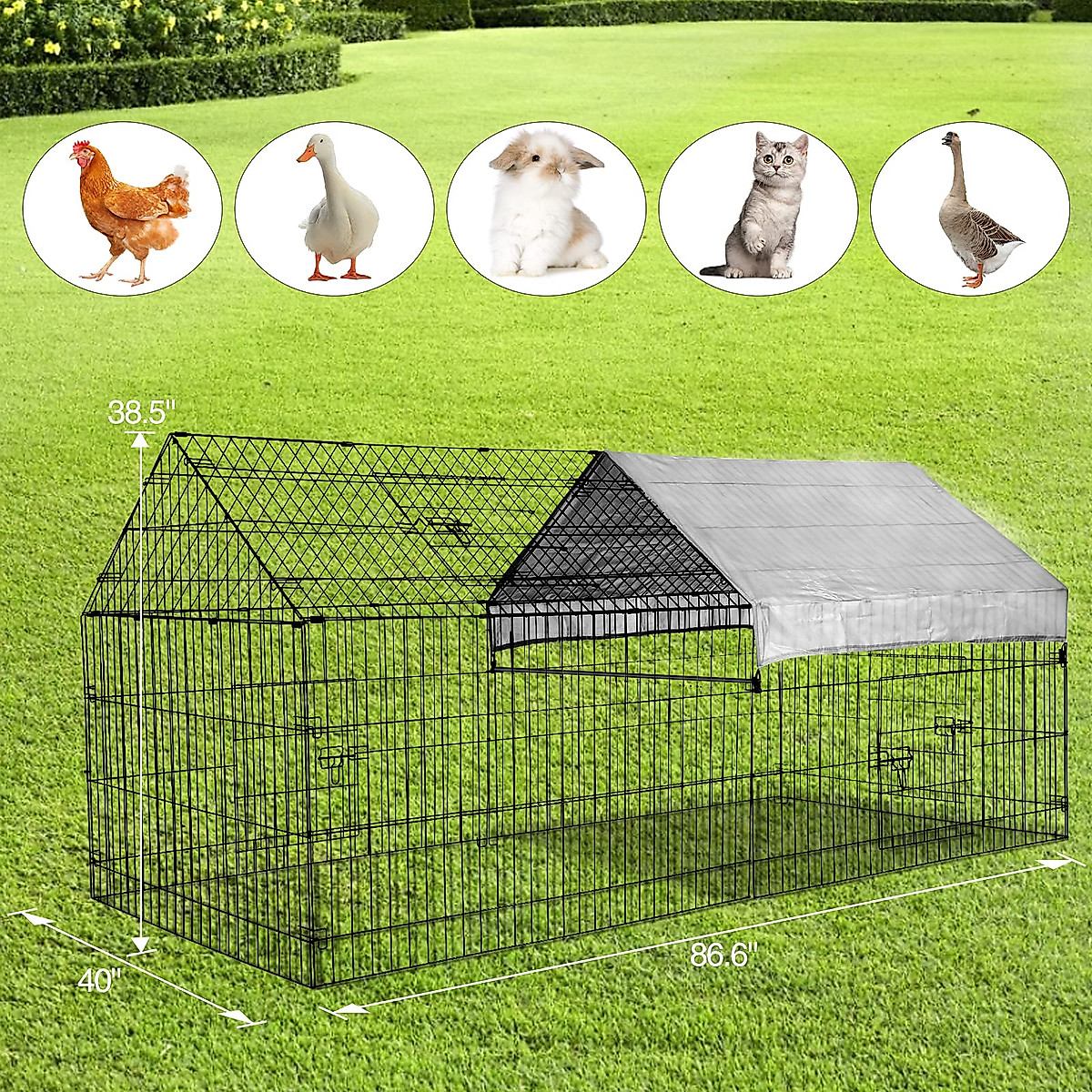 Chicken Coop Run Cage Upgrade 86.6"×40"×38" Metal Chicken Fence Pen Pet Playpen Enclosures with Protection Cover&Ground Nail,Cage Indoor Outdoor Yard for Small Animals Cat Hen Duck Rabbit