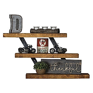Industrial Metal Bracket Three-Tier Natural Wood Floating Shelf Set Rustic Farmhouse Kitchen, Bath, Laundry, Dorm (24 Inch, Walnut)