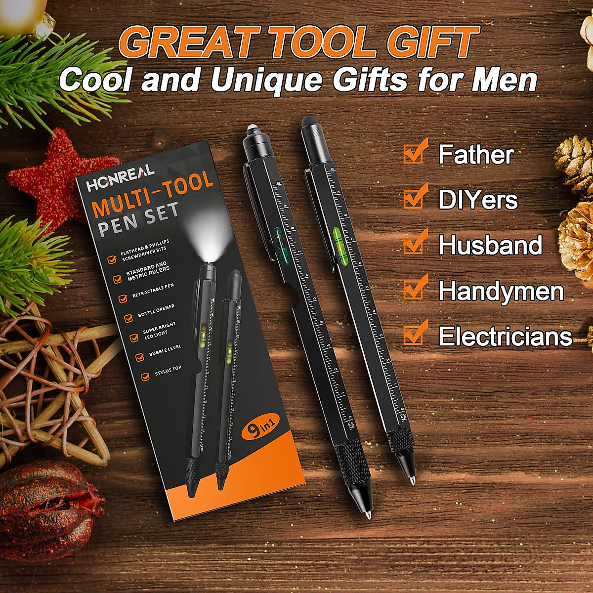HONREAL Gifts for Men/Dad, Father Day Gifts for Him/Father , 9 in 1 Multitool 2Pcs Pen Set, Gifts for Men Who Have Everything,Cool Gadgets for Men,Birthday gift for Men/Husband/Boyfriend/Grandpa
