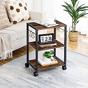 ALLOSWELL Mobile Printer Stand, 3-Tier Printer Cart Under Desk with Storage, Industrial Rolling Cart with 2 Hooks, Sturdy Little Cart on Wheels for Home Office, Rustic Brown and Black PTHR4001