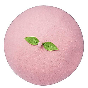 Kawaii Handmade Cartoon Beret Hat Green Leaves Fruit Cosplay Vintage Lolita Mori Girl Wool Cap Gift (Pink)