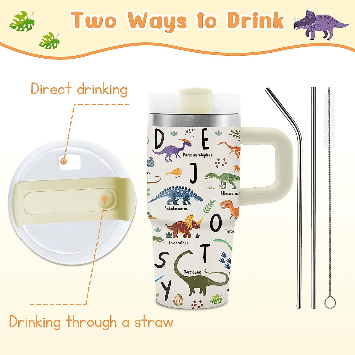 Dinosaur Gift for Kids, Alphabet Dinosaur Tumbler with Handle and Straw for Kids 14 Oz, Insulated Stainless Steel Dino Mugs for Toddlers Boy, Birthday Gifts for Little Boys Son Grandson