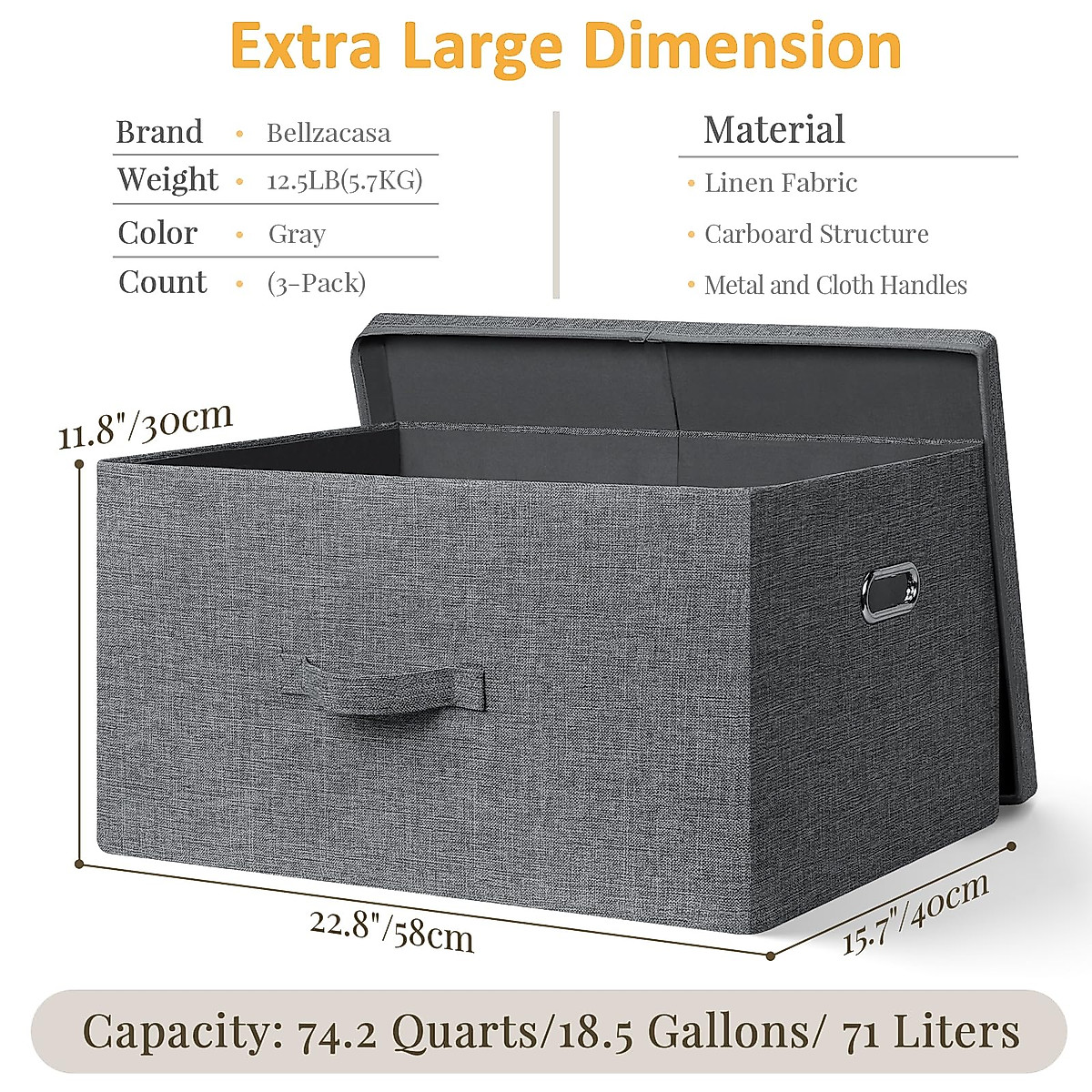 Bellzacasa Extra Large Collapsible Storage Bins with Lids, 3 Pack Linen Fabric Foldable Storage Bin Cube with 4 Handles, Storage Baskets Box for Home, Office, Closet, Gray, 22.8x15.7x11.8”