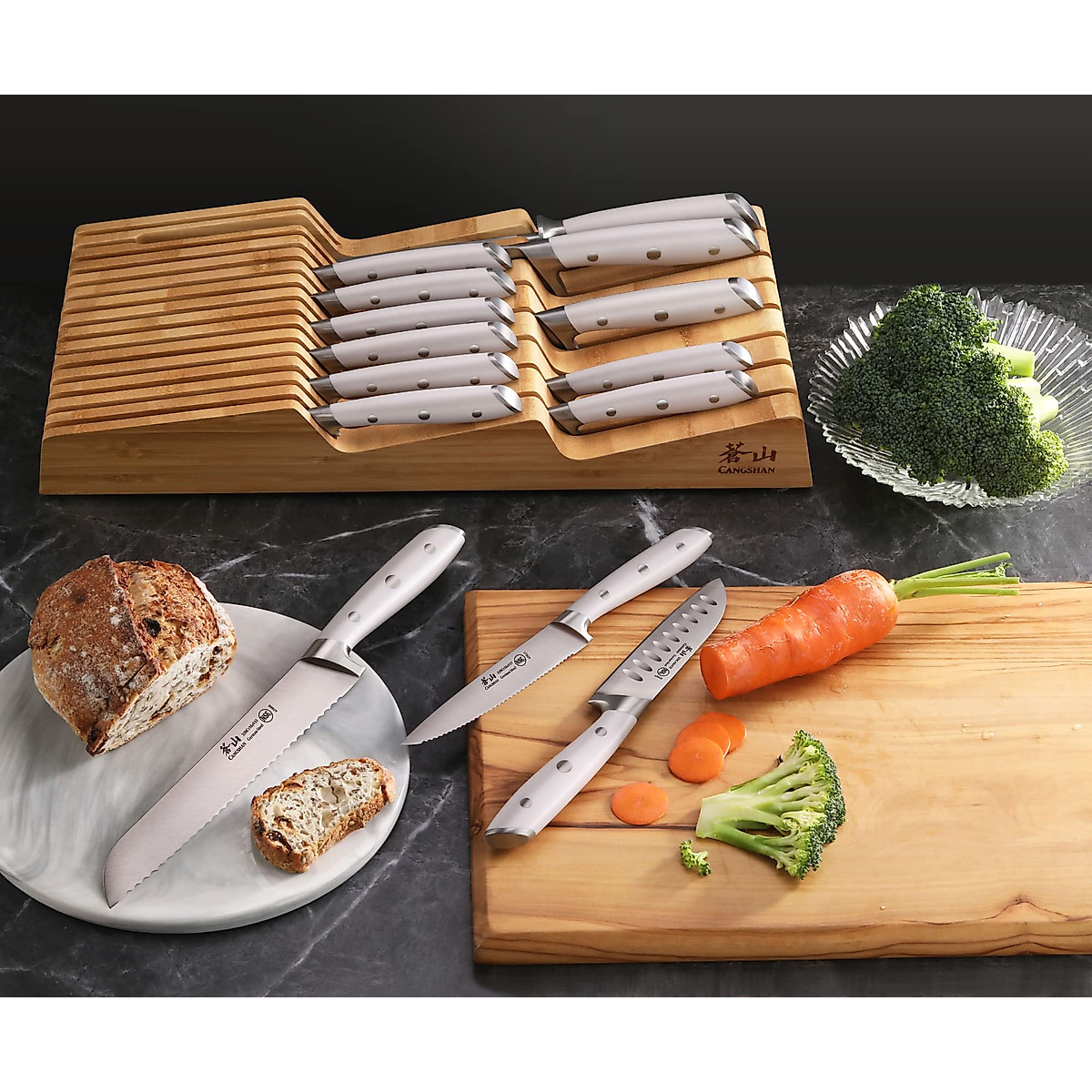 Cangshan ALPS Series 502827 German Steel Forged 15-Piece In-Drawer Knife Set with Bamboo Tray, (White)