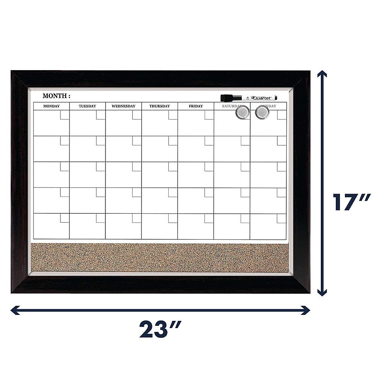 Quartet Combination Magnetic Whiteboard Calendar & Corkboard, 17" x 23" Combo Dry Erase White Board & Cork Bulletin Board, Perfect for Office, Home School Message Board, Wood Frame (22476)