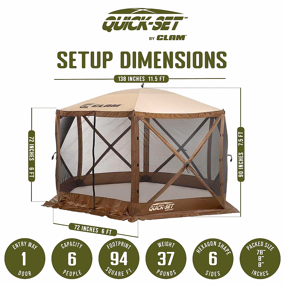 CLAM Pop Up Screen Tent, Outdoor Camping Gazebo Canopy, Escape, 11.5', Brown