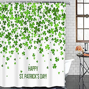 ArtSocket 4 Pcs Shower Curtain Set Happy Saint Patrick Day Green Four Leaf Shamrock Clover with Non-Slip Rugs Toilet Lid Cover and Bath Mat Bathroom Decor Set 72 x 72 inch
