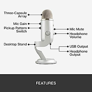 Blue Yeti USB Microphone for PC, Mac, Gaming, Recording, Streaming, Podcasting, Studio and Computer Condenser Mic with Blue VO!CE effects, 4 Pickup Patterns, Plug and Play – Silver