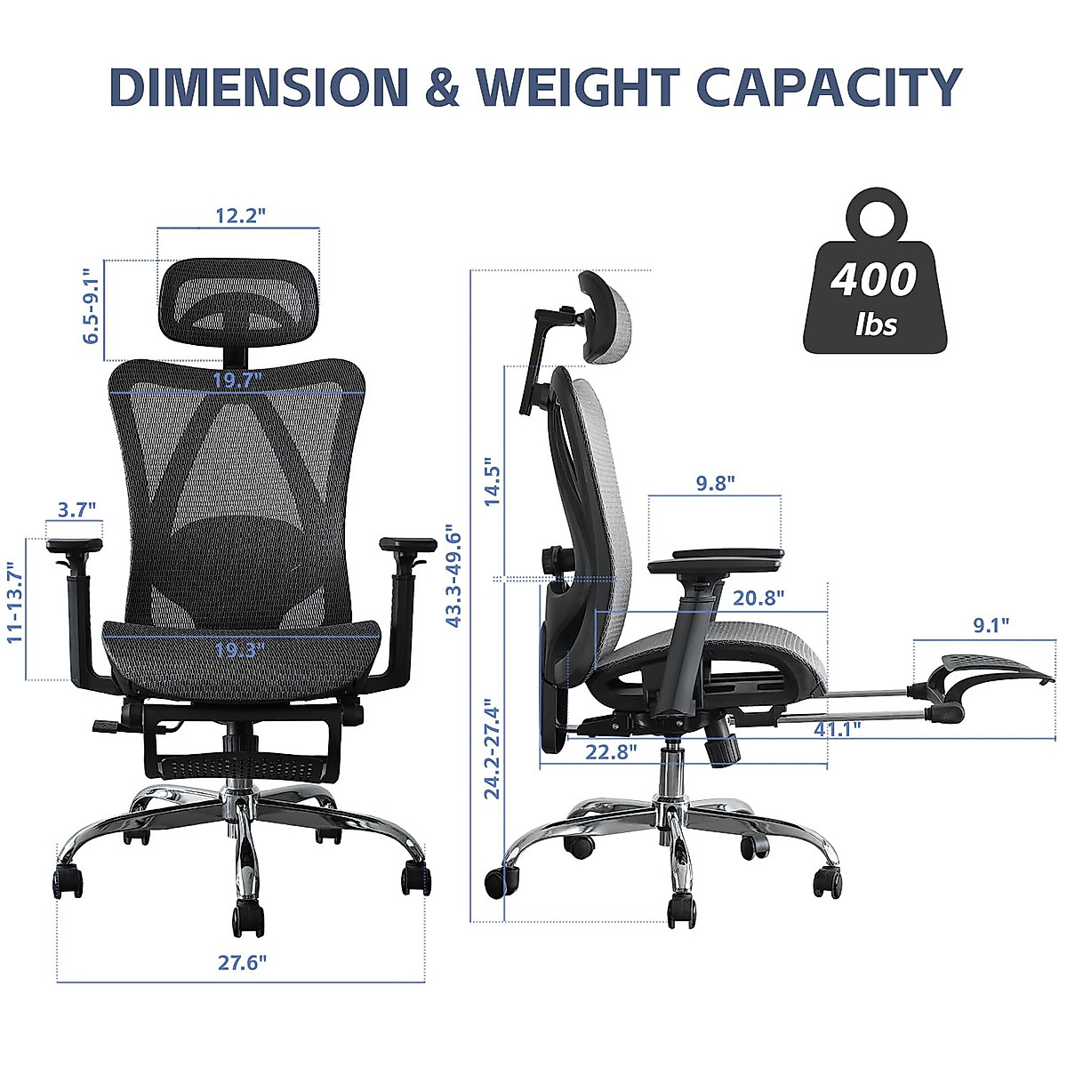 DFLIVE Ergonomic Office Chair, SGS Certified Gas Cylinder, 400 LBS Capacity, Retractable Footrest, Office Chair with Adjustable Lumbar Support, Gaming Chair, Mesh Office Chair