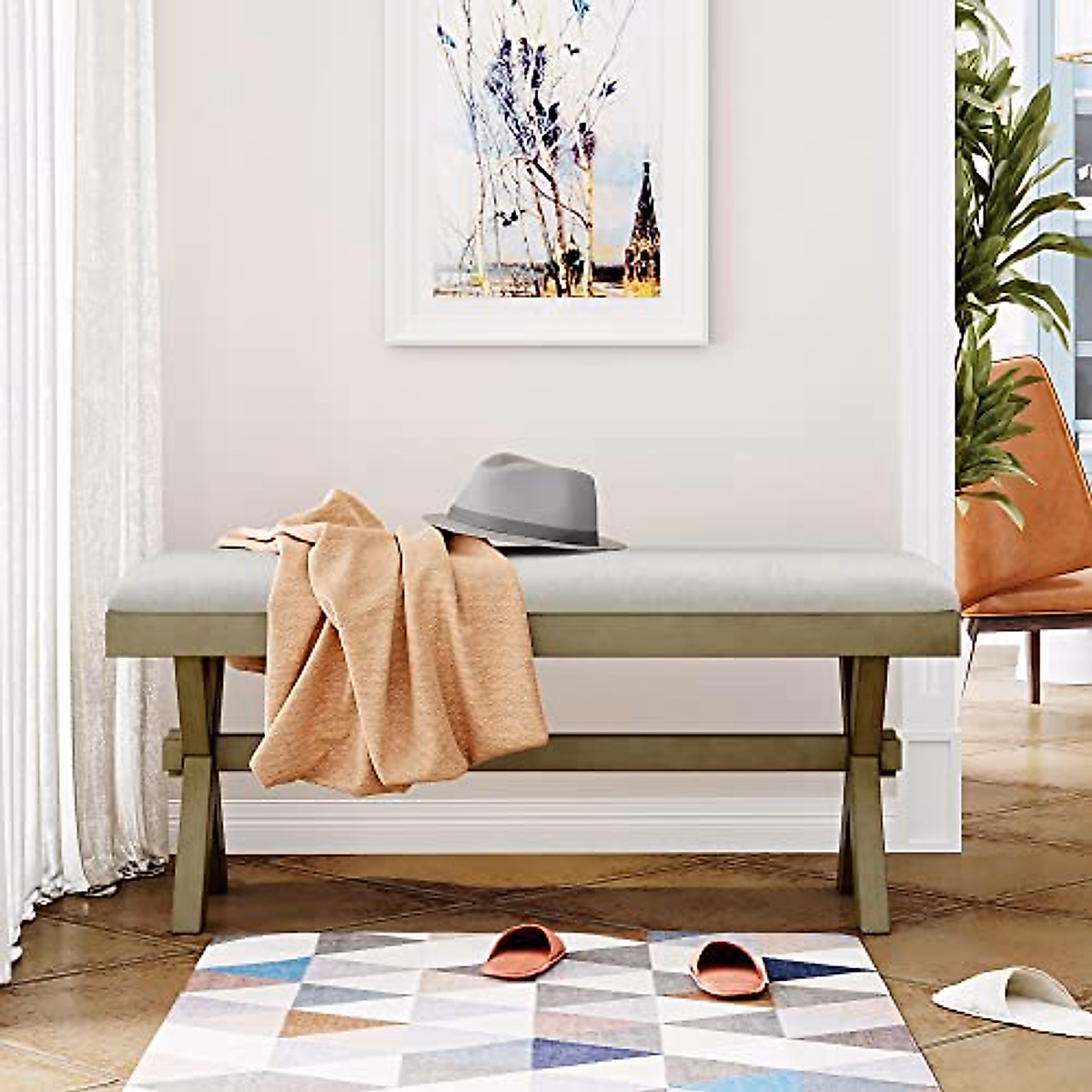 Harper & Bright Designs 4-Piece Wood Dining Table Set, Farmhouse Rustic Kitchen Dining Table with 2 Upholstered X-Back Chairs and Bench, Gray Green