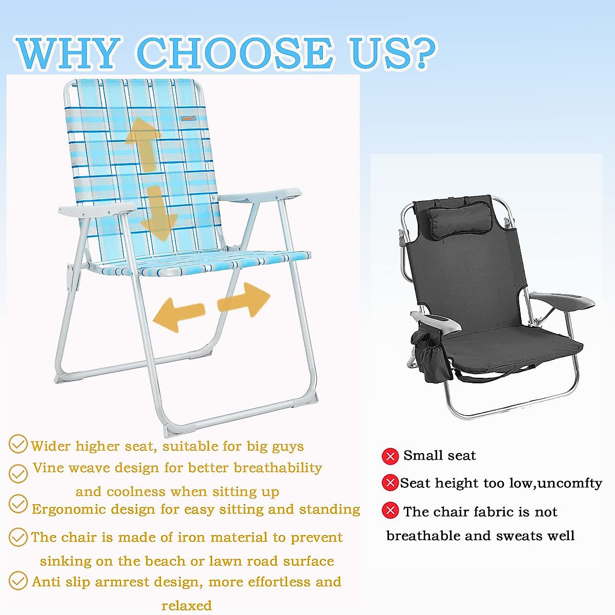 #WEJOY 2 Packs Extra Wide Aluminum Foldable Beach Chairs, High Back, Arm Rest, Lightweight, Portable, Blue