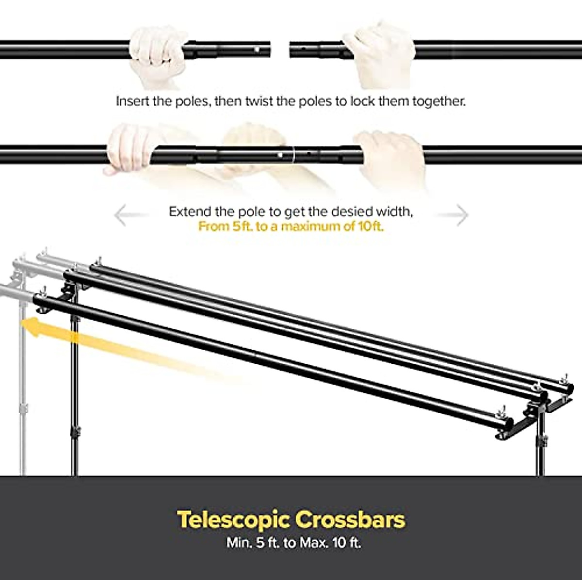 Julius Studio 10 x 9.6 feet (W x H) Triple Crossbar Backdrop Stand, 3 Cross Bars Easy Length Adjustable Background Support System Kit for Photography, Video, Party, Event, JSAG667
