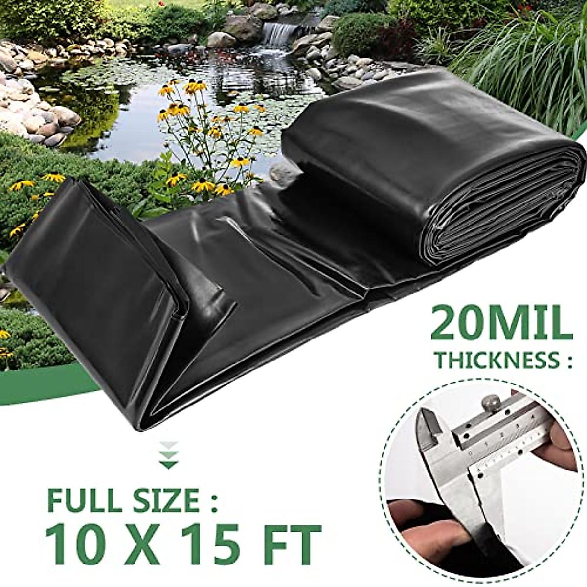 Topdeep 10x15 ft Pond Liner, LDPE 20 Mil Thickness Fish Pond Liners for Outdoor Ponds, Pond Skins for Waterfall, Fish or koi Pond, Fountains and Bed Planter