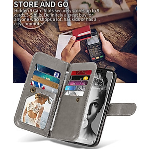 CASEOWL Compatible for iPhone 12 Pro Max Case Wallet Magnetic Detachable 2 in 1 Mandala Embossed Leather Flip Wallet Case with 9 Card Slots,Hand Strap for Women (Gray)