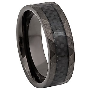 Tungsten Ring Black Ion Plated Carbon Fiber Inlay Faceted Brushed Sides Engagement Band Anniversary Band Promise Ring Comfort Fit - 3869TKs11