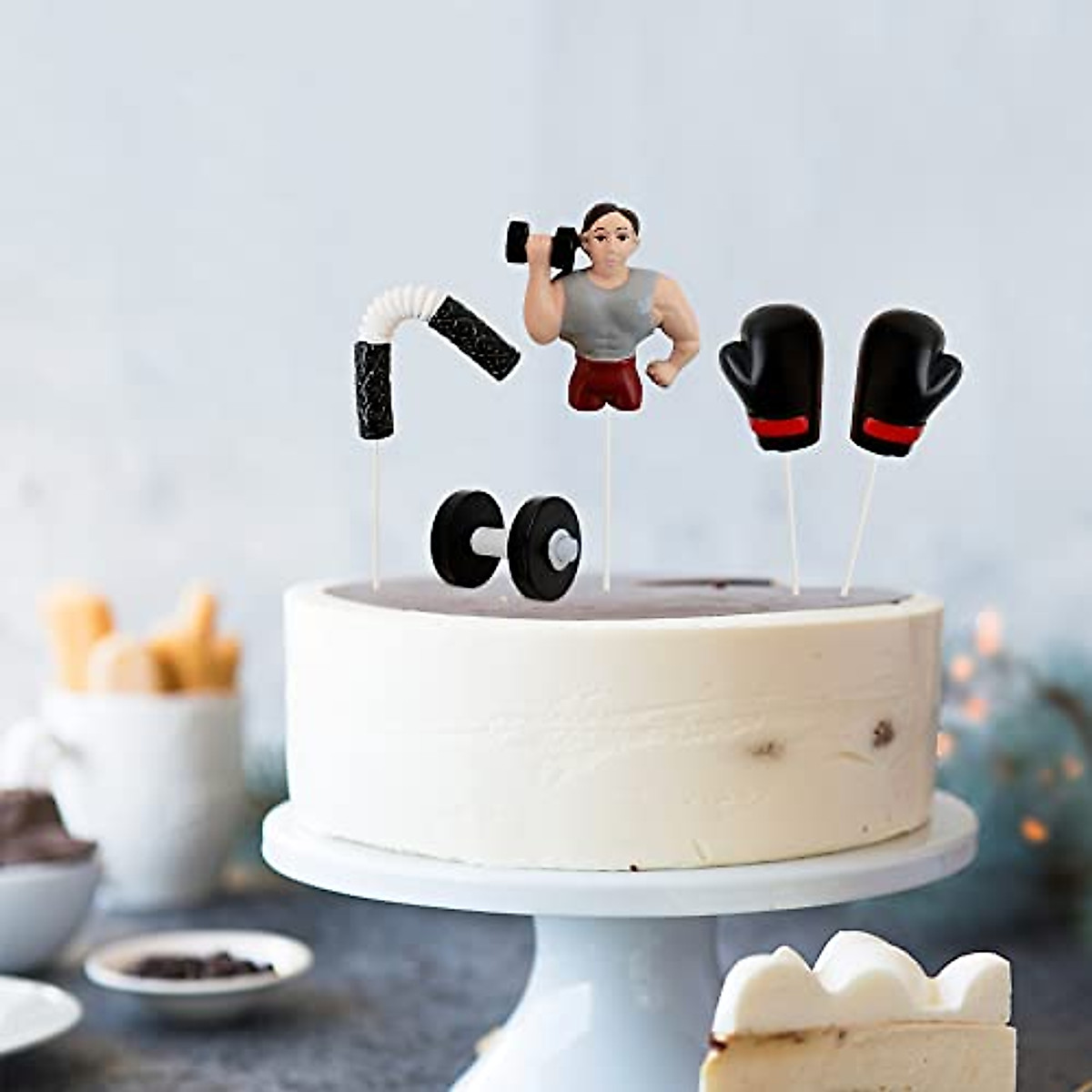 Ercadio 5 Pack Resin 3D Weight Lifting Workout Cake Toppers with Barbell Boxing Gloves Nunchaku Cake Picks Bodybuilding Cake Decor Fitness Gym Theme Cake Toppers for Birthday Party Supplies