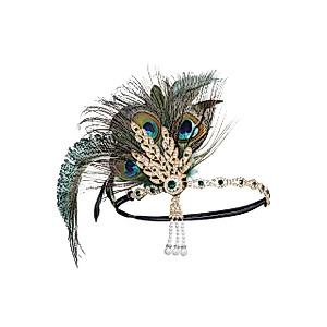 BABEYOND 1920s Flapper Headband Feather Headpiece Roaring 20s Gatsby Hair Accessories for Women (Peacock Green)
